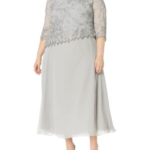 J Kara Women's Plus Size Sheer Sleeve Floral Beaded Long Dress, Silver/Mercury/Silver, 18W