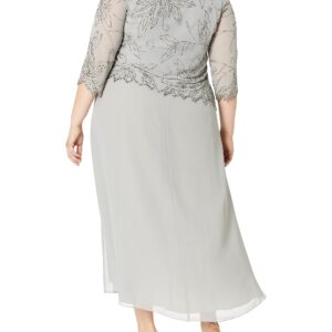 J Kara Women's Plus Size Sheer Sleeve Floral Beaded Long Dress, Silver/Mercury/Silver, 18W