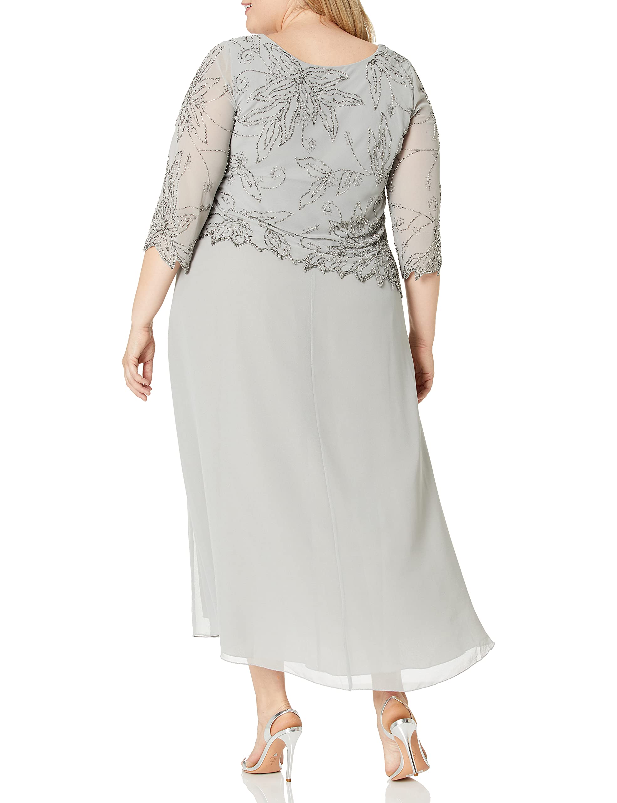 J Kara Women's Plus Size Sheer Sleeve Floral Beaded Long Dress, Silver/Mercury/Silver, 18W