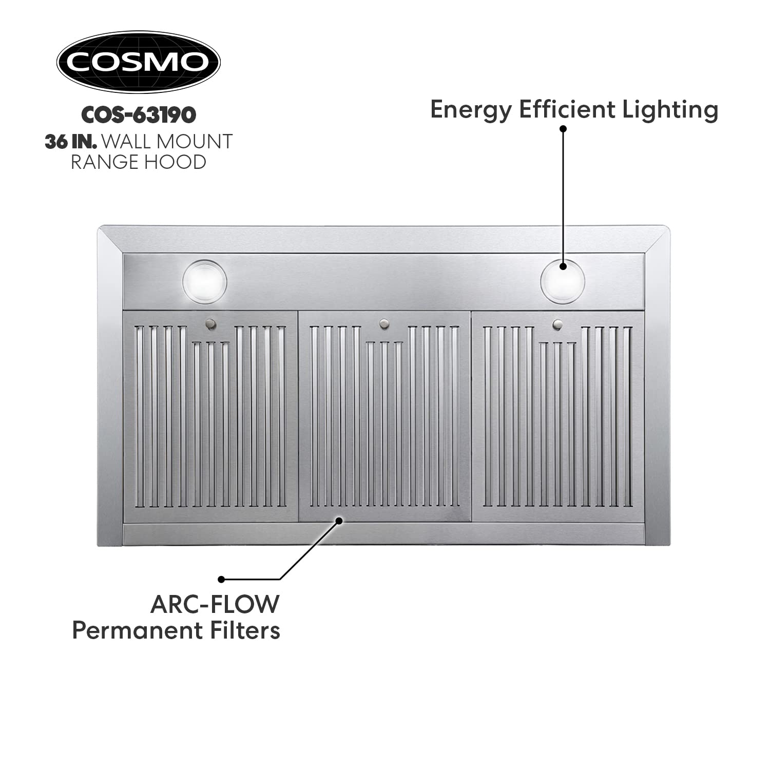 COSMO 63190 36 in. Wall Mount Range Hood with Ducted Convertible Ductless (No Kit Included), Kitchen Chimney-Style Over Stove Vent, 3 Speed Exhaust Fan, LED Lights in Stainless Steel