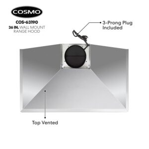 COSMO 63190 36 in. Wall Mount Range Hood with Ducted Convertible Ductless (No Kit Included), Kitchen Chimney-Style Over Stove Vent, 3 Speed Exhaust Fan, LED Lights in Stainless Steel