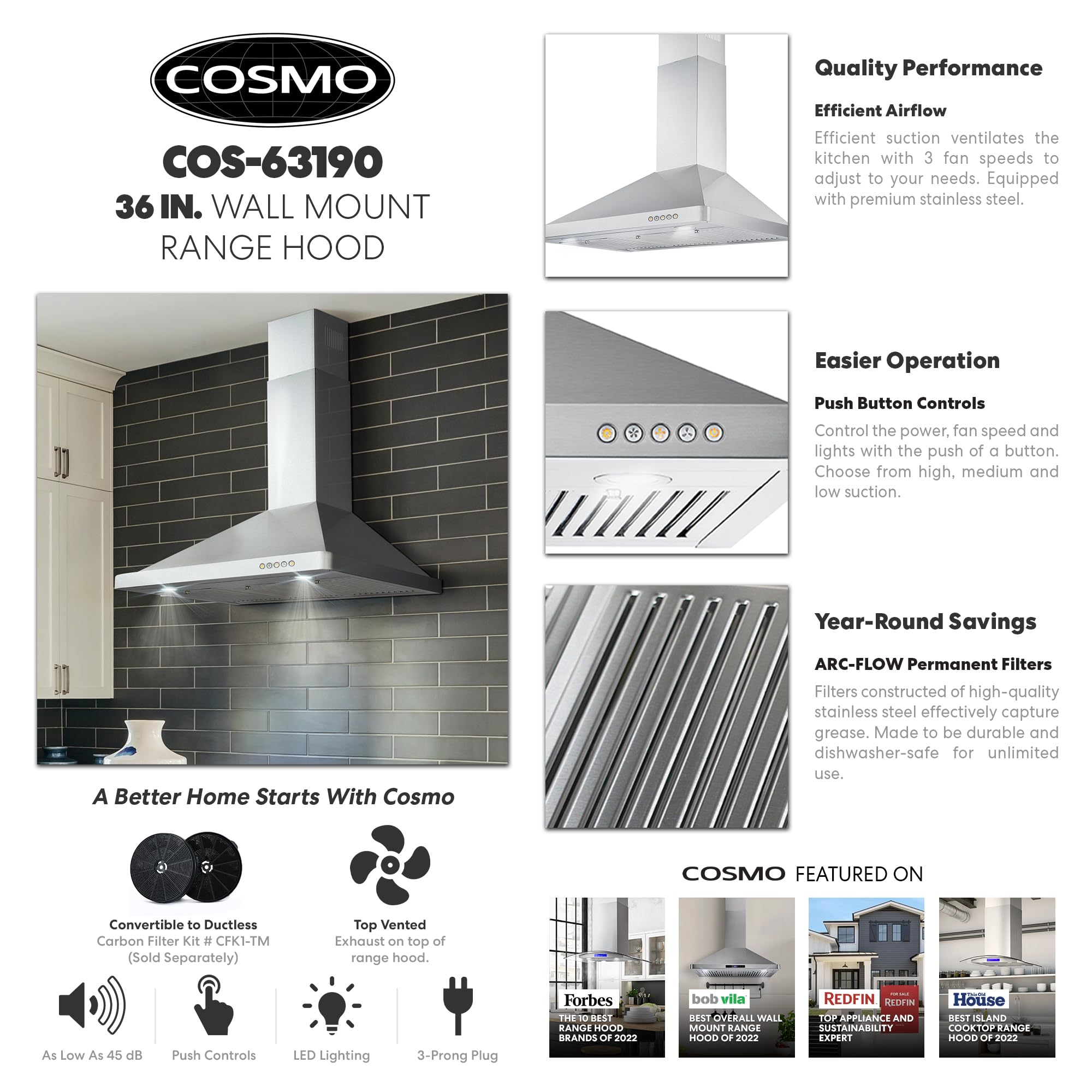 COSMO 63190 36 in. Wall Mount Range Hood with Ducted Convertible Ductless (No Kit Included), Kitchen Chimney-Style Over Stove Vent, 3 Speed Exhaust Fan, LED Lights in Stainless Steel