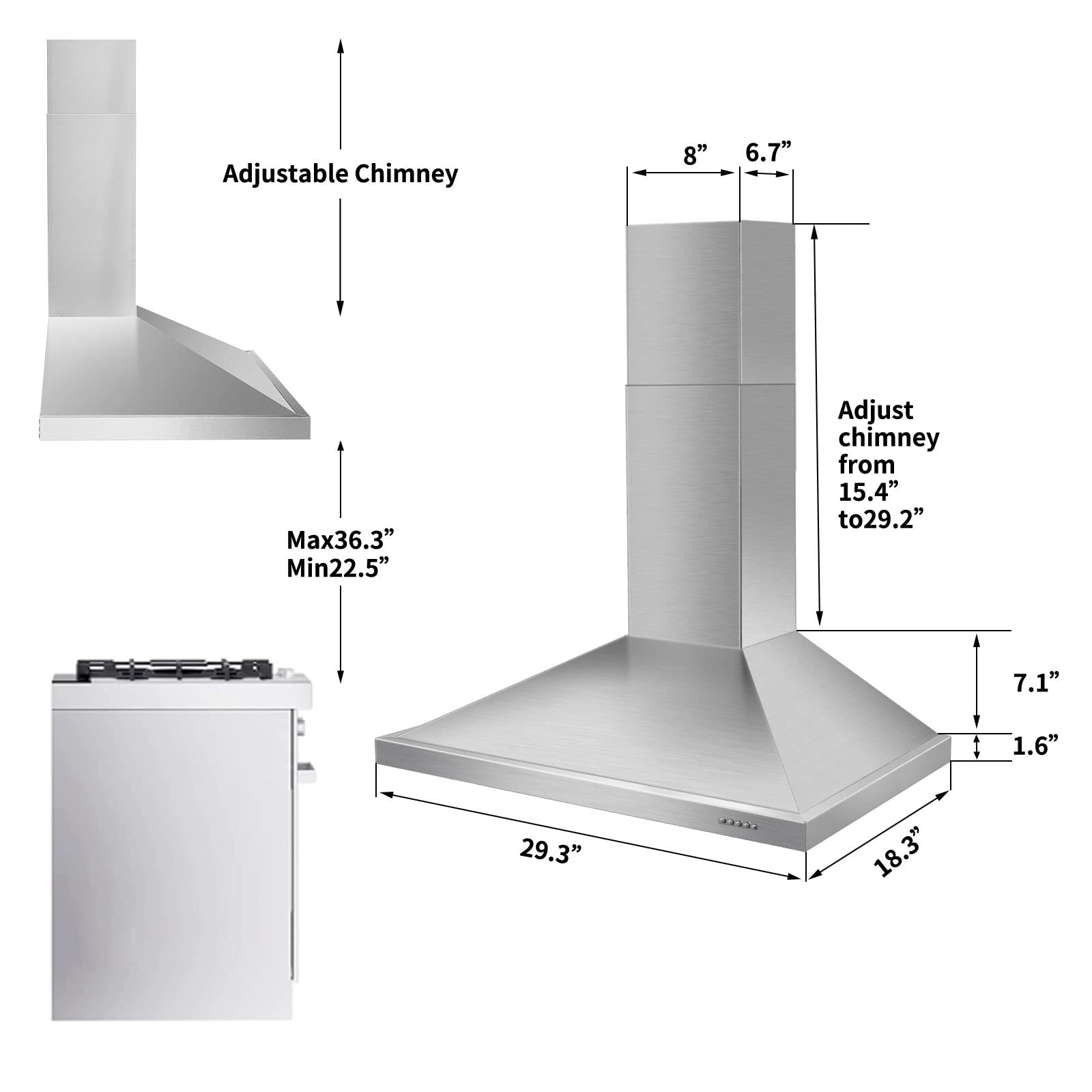 Tieasy Wall Mount Range Hood 30 inch with Ducted/Ductless Convertible Duct, Stainless Steel Chimney-Style Over Stove Vent Hood with LED Light, 3 Speed Exhaust Fan, 450 CFM