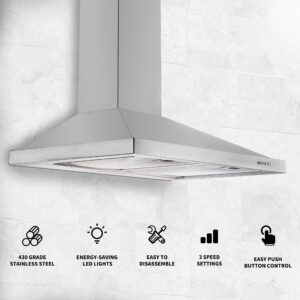 Tieasy Wall Mount Range Hood 30 inch with Ducted/Ductless Convertible Duct, Stainless Steel Chimney-Style Over Stove Vent Hood with LED Light, 3 Speed Exhaust Fan, 450 CFM