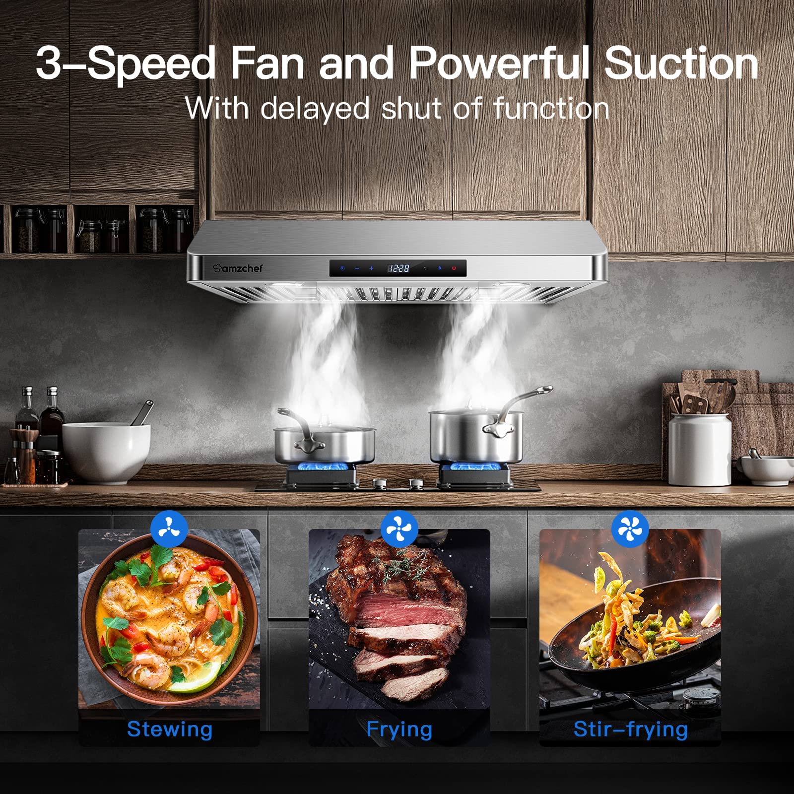 AMZCHEF Under Cabinet Range Hood 30 Inch, 700CFM Stainless Steel Kitchen Stove Vent Hood 3 Speed Exhaust Fan Touch/Remote Control LED lights Time Setting Dishwasher-Safe Baffle Filters