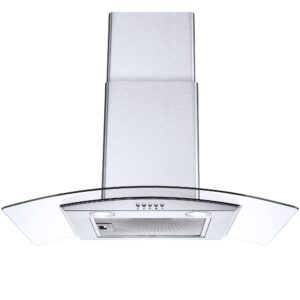 range hood 30 inch, tieasy wall mount kitchen hood with ducted/ductless convertible duct, stainless steel chimney and aluminum filters, led lights, 3 speed fan, push button