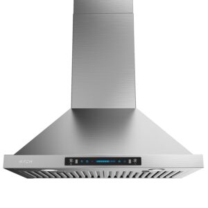 iktch 30-inch wall mount range hood 900 cfm ducted/ductless convertible, kitchen chimney vent stainless steel with gesture sensing & touch control switch panel, 2 pcs adjustable lights(ikp02-30'')