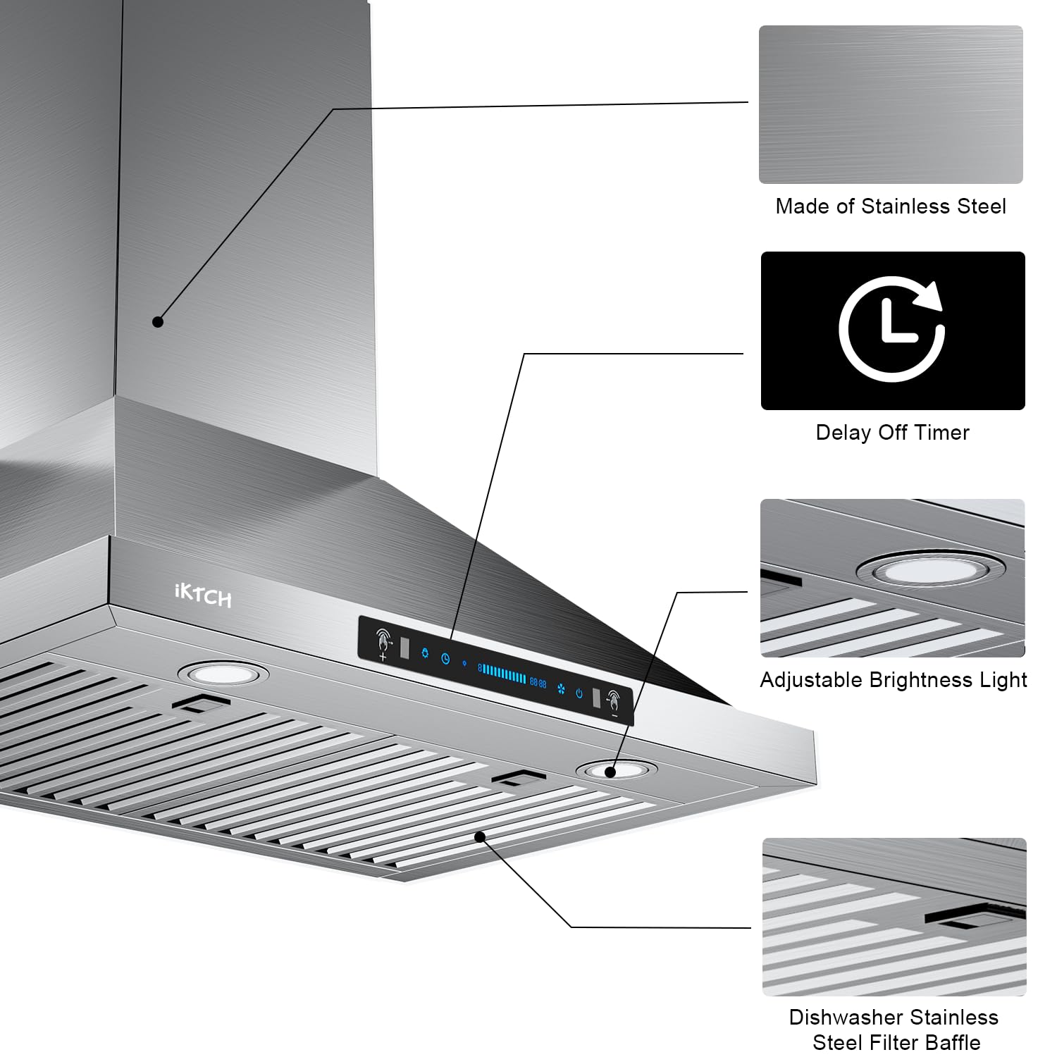 IKTCH 30-inch Wall Mount Range Hood 900 CFM Ducted/Ductless Convertible, Kitchen Chimney Vent Stainless Steel with Gesture Sensing & Touch Control Switch Panel, 2 Pcs Adjustable Lights(IKP02-30'')