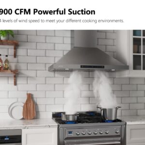 IKTCH 30-inch Wall Mount Range Hood 900 CFM Ducted/Ductless Convertible, Kitchen Chimney Vent Stainless Steel with Gesture Sensing & Touch Control Switch Panel, 2 Pcs Adjustable Lights(IKP02-30'')