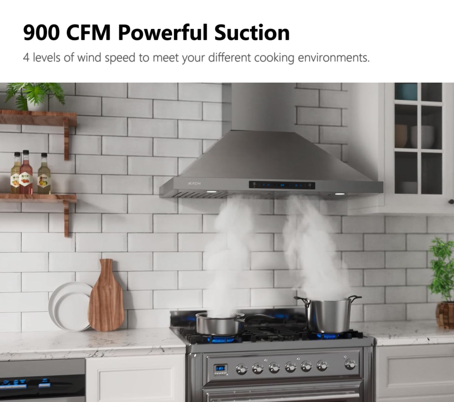 IKTCH 30-inch Wall Mount Range Hood 900 CFM Ducted/Ductless Convertible, Kitchen Chimney Vent Stainless Steel with Gesture Sensing & Touch Control Switch Panel, 2 Pcs Adjustable Lights(IKP02-30'')