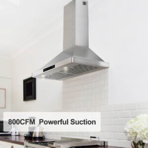 EVERKITCH 30 inch Wall Mount Range Hood 800CFM, with DC Motor, Stainless Steel Vent Hood with 6 Speeds Exhaust Fan, Convertible to Ducted and Ductless, with stainless steel filters