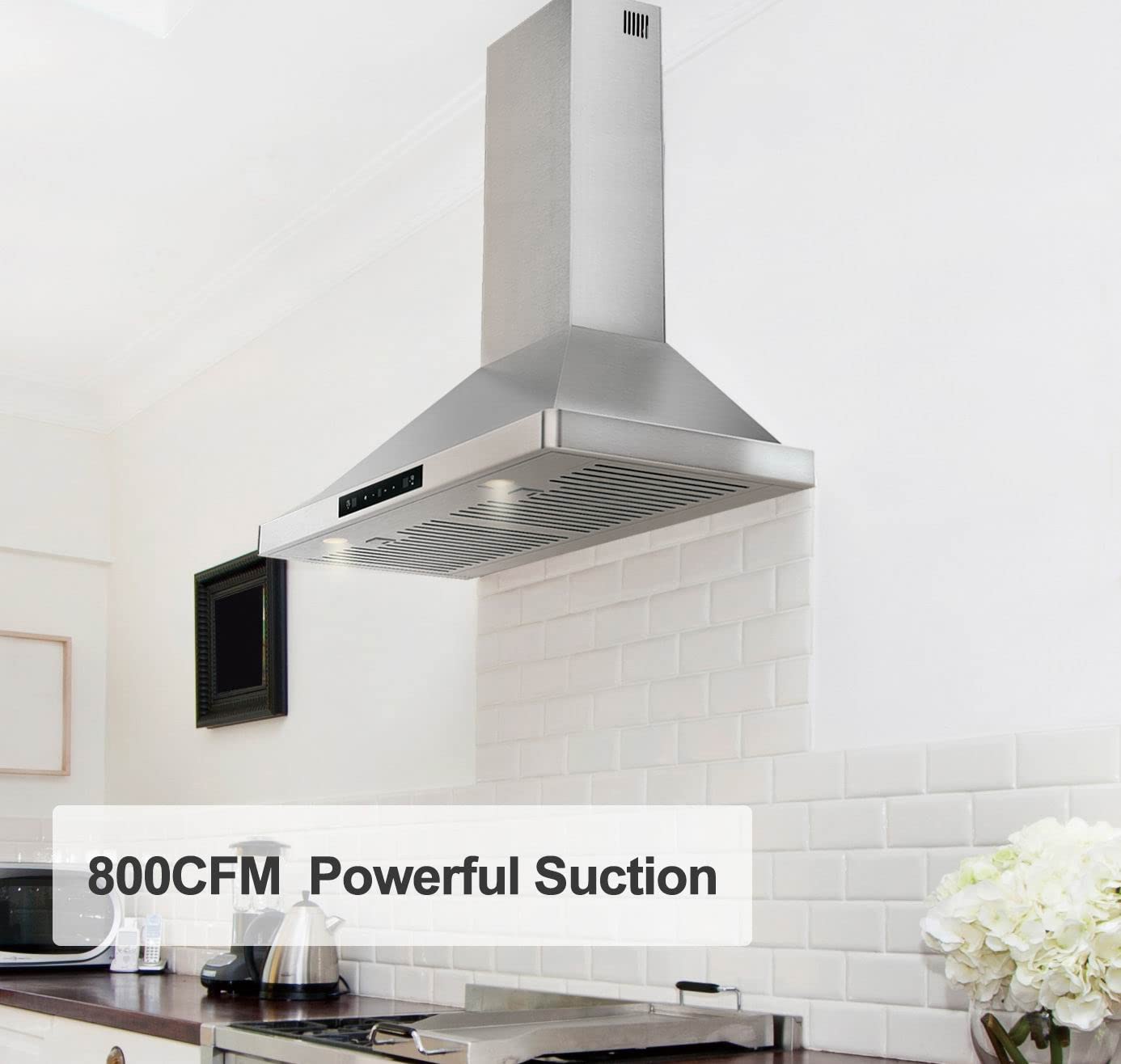 EVERKITCH 30 inch Wall Mount Range Hood 800CFM, with DC Motor, Stainless Steel Vent Hood with 6 Speeds Exhaust Fan, Convertible to Ducted and Ductless, with stainless steel filters