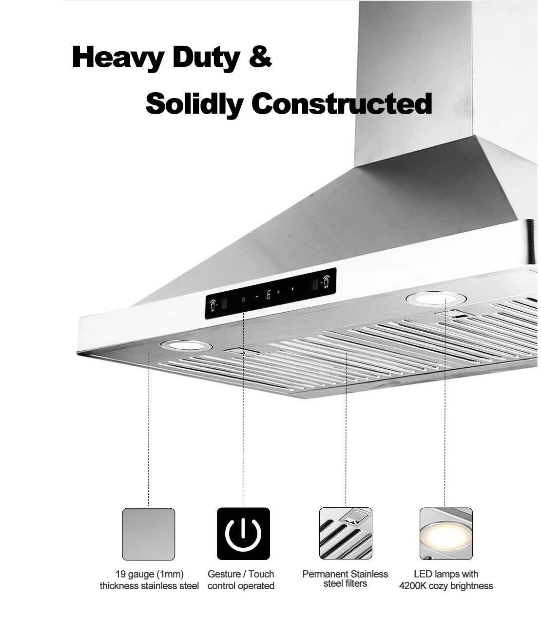 EVERKITCH 30 inch Wall Mount Range Hood 800CFM, with DC Motor, Stainless Steel Vent Hood with 6 Speeds Exhaust Fan, Convertible to Ducted and Ductless, with stainless steel filters