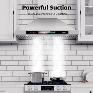 BRANO 30 Inch Wall Mount Range Hood with Voice/Gesture/Touch Control, 900 CFM Kitchen Hood Vent with 4 Speed Exhaust Fan, Ducted/Ductless Convertible Stove Hood with Memory Mode, 4 Adjustable Lights