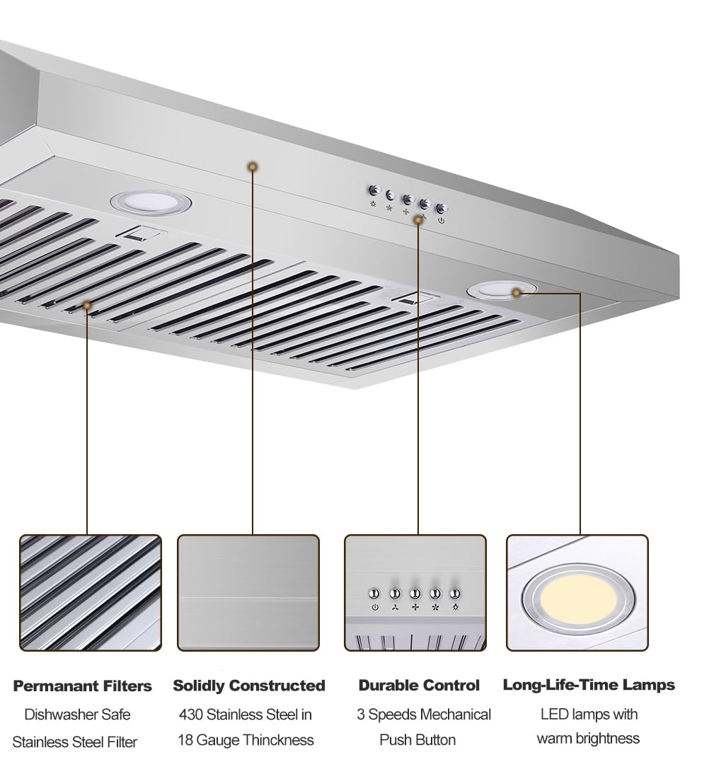 EVERKITCH Range Hood 30inch Under Cabinet, Ductless and Ducted Convertible, 600CFM, with Permanant Stainless Steel Filters