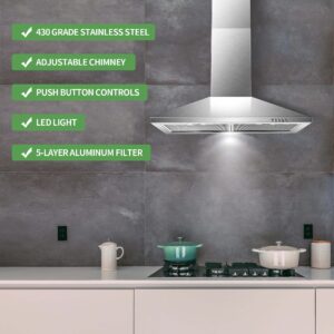 SNDOAS Range Hood 30 inch,Wall Mount Range Hood in Stainless Steel With Ducted/Ductless Convertible,Stove Vent Hood with Aluminum Filters,3 Speed Exhaust Fan,LED Light,Button Control