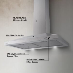 Hermitlux Range Hood 30 inch Stainless Steel, Wall Mount Vent Hood for Kitchen with Charcoal Filter, Range Hoods with Ducted/Ductless Convertible