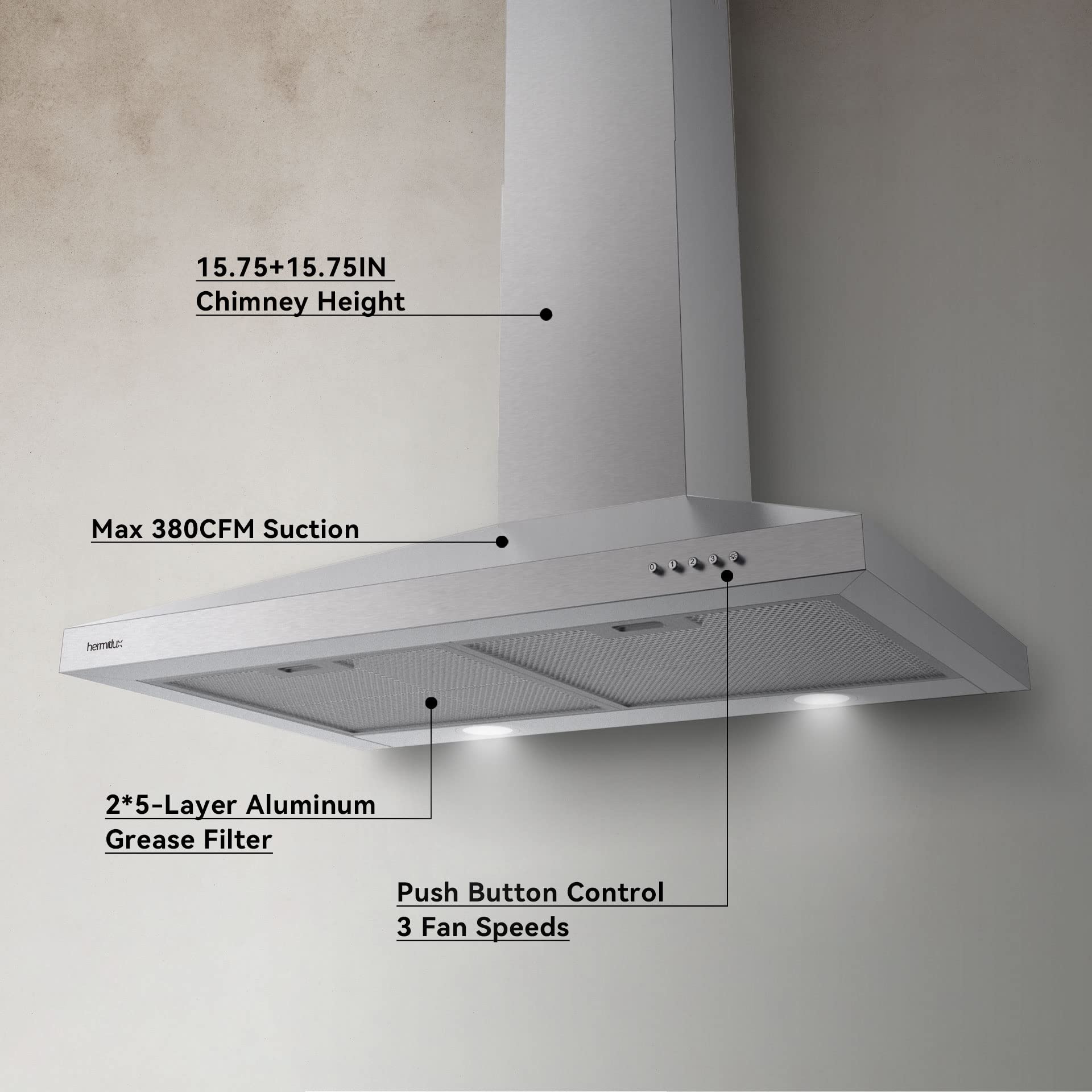 Hermitlux Range Hood 30 inch Stainless Steel, Wall Mount Vent Hood for Kitchen with Charcoal Filter, Range Hoods with Ducted/Ductless Convertible