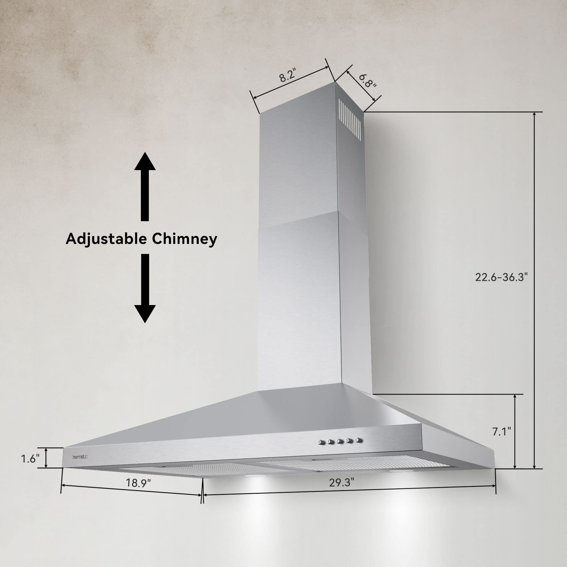 Hermitlux Range Hood 30 inch Stainless Steel, Wall Mount Vent Hood for Kitchen with Charcoal Filter, Range Hoods with Ducted/Ductless Convertible