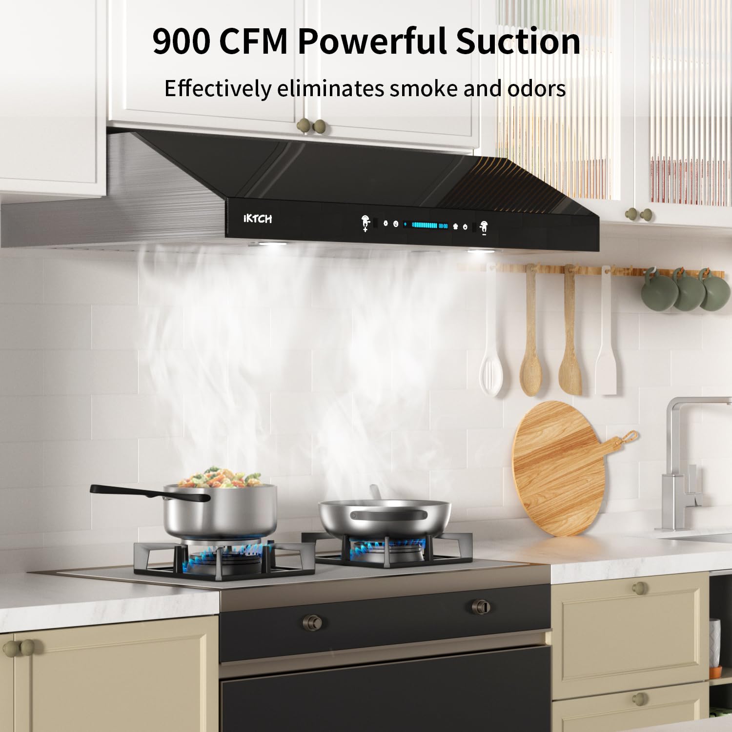 IKTCH 30 Inch Range Hood Under Cabinet, 900 CFM Range Hood with Gesture Sensing, Touch Panel, 4 Fan Speed, Stainless Steel Range Hood with 2 Pcs Baffle Filters