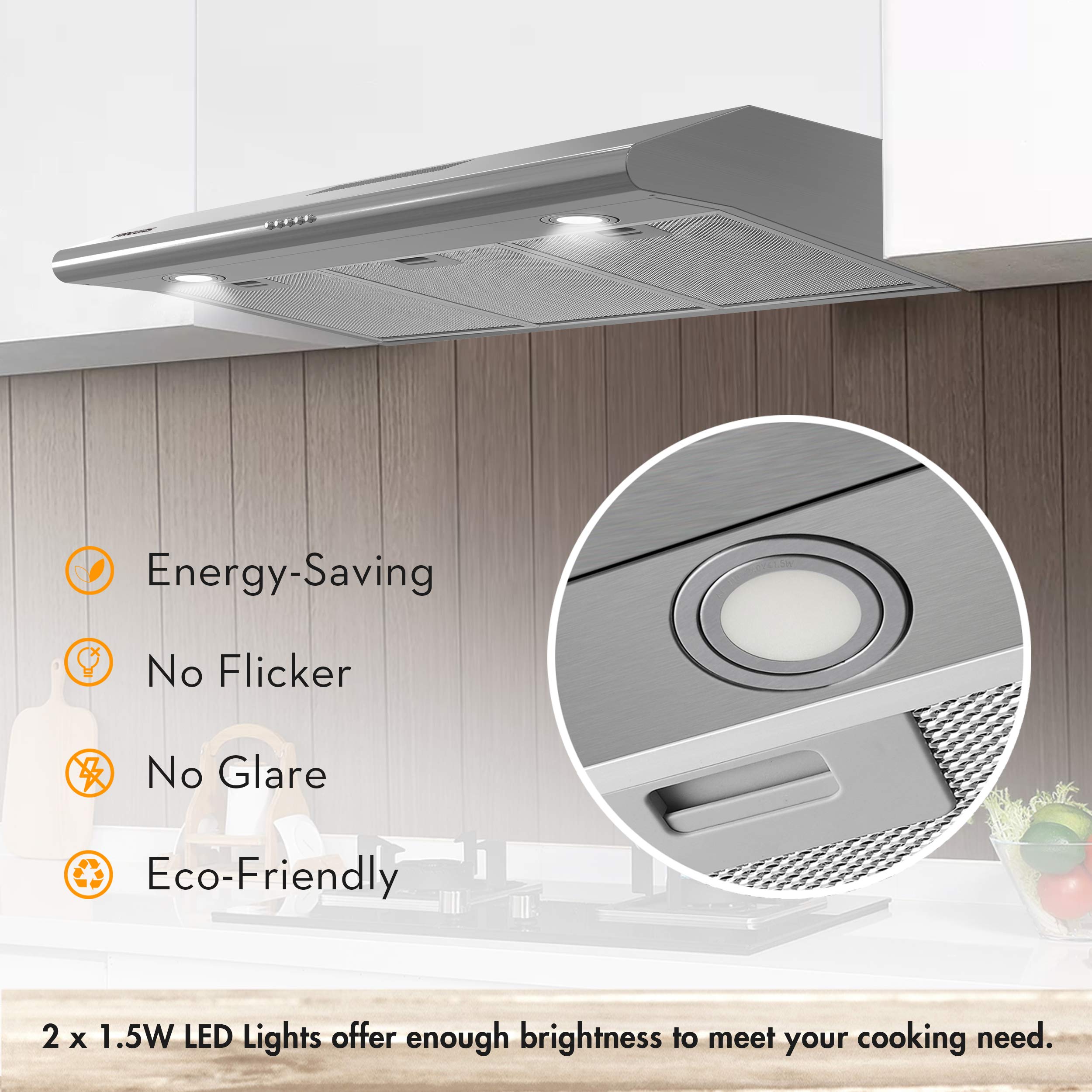 FIREGAS Under Cabinet Range Hood 36 inch with Ducted/Ductless Convertible, Slim Kitchen Stove Vent Hood, LED Light, 3 Speed Exhaust Fan, Reusable Aluminum Filter, Push Button,Charcoal Filter