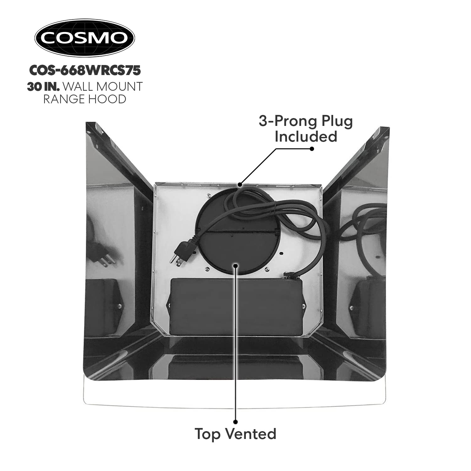 COSMO 668WRCS75 Wall Mount Range Hood with Ducted Exhaust Vent, 3 Speed Fan, Soft Touch Controls, Tempered Glass, Permanent Filters in Stainless Steel, 30 inches