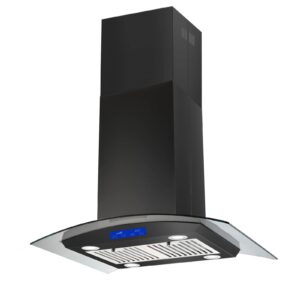 joeaonz 30 inch island range hood black 700cfm stainless steel convertible, ceiling mount vent hood with tempered glass, kitchen exhaust fan, led lights, lcd touch panel, permanent grease filters