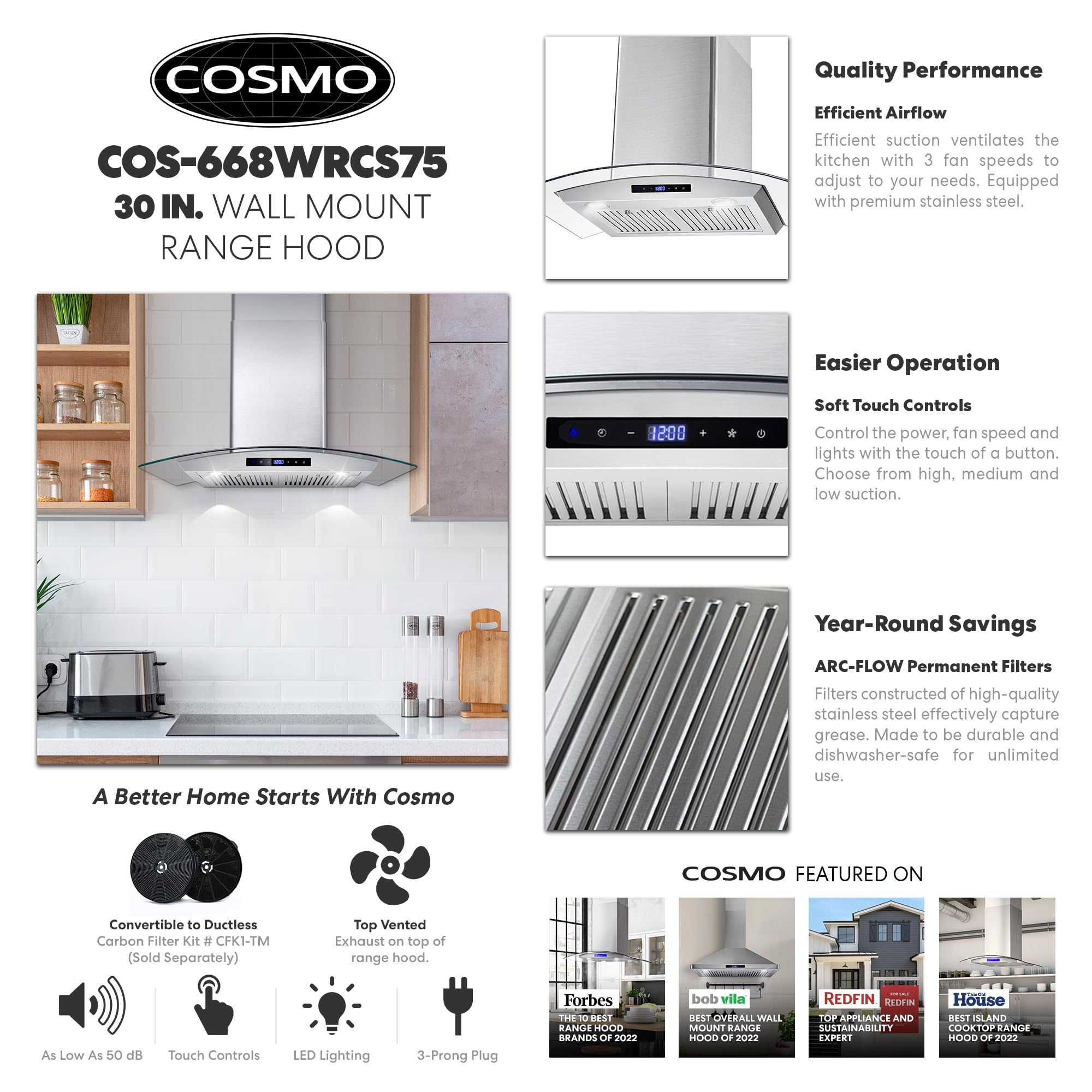 COSMO 668WRCS75 Wall Mount Range Hood with Ducted Exhaust Vent, 3 Speed Fan, Soft Touch Controls, Tempered Glass, Permanent Filters in Stainless Steel, 30 inches