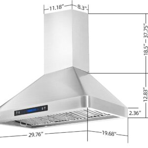 IKTCH Wall Mounted Range Hood 30 inch, 900 CFM Ducted/Ductless Range Hood, Stainless Steel Range Hood with Gesture Sensing & Touch Control IKP02R-30