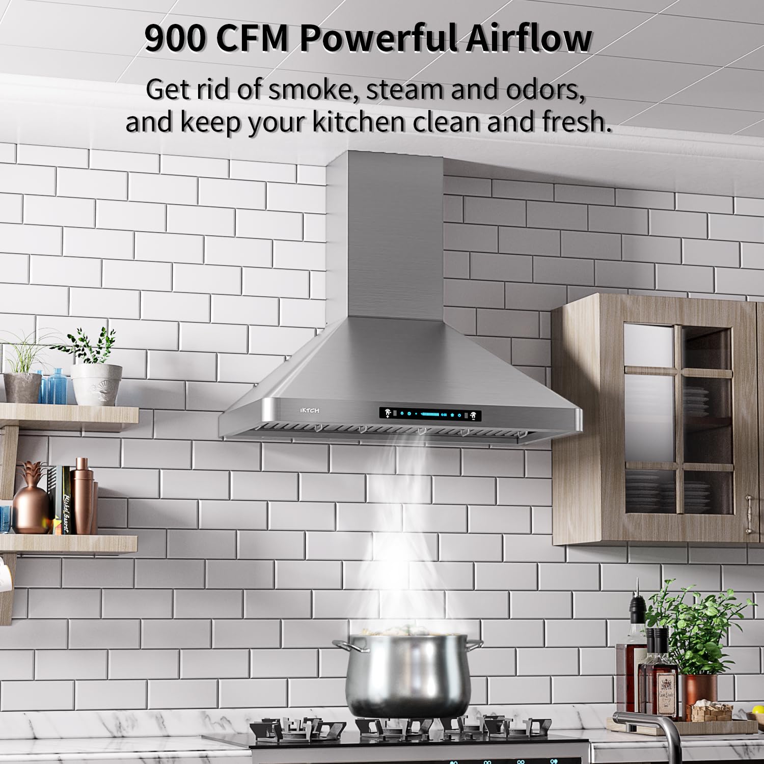 IKTCH Wall Mounted Range Hood 30 inch, 900 CFM Ducted/Ductless Range Hood, Stainless Steel Range Hood with Gesture Sensing & Touch Control IKP02R-30