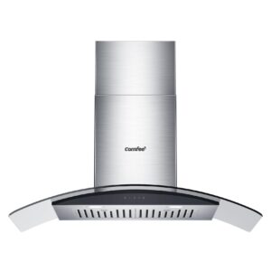 comfee curved glass range hood 36 inch 450 cfm 3 speed gesture sensing &touch control panel stainless steel kitchen ductless/ducted convertible with baffle filters and 2 led lights (cvg36w9ast)