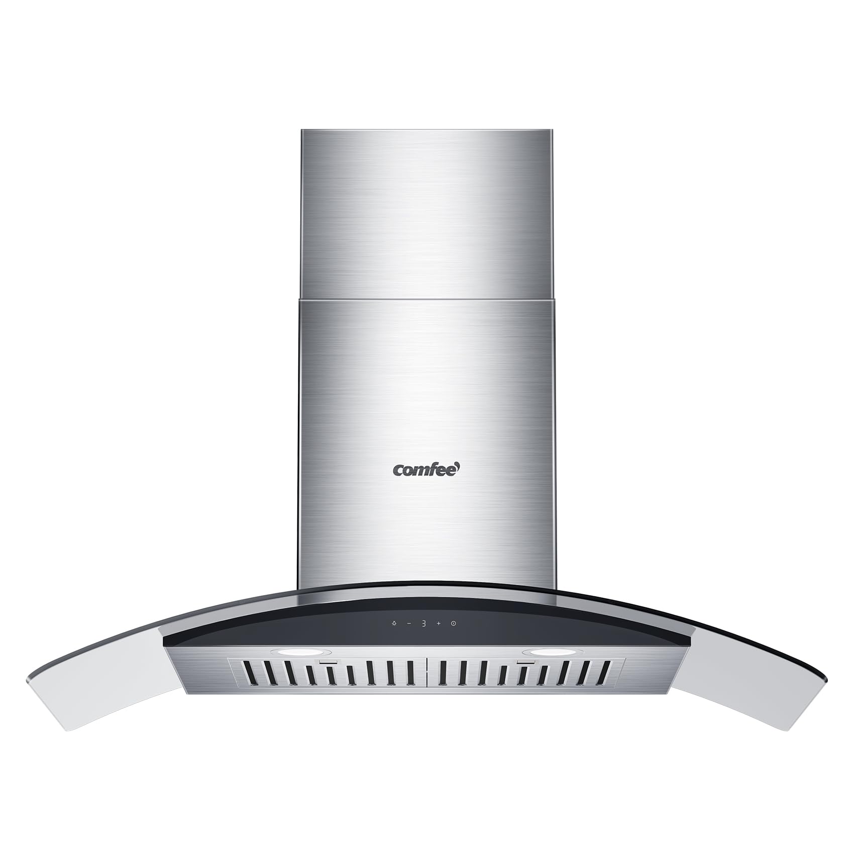 Comfee Curved Glass Range Hood 36 Inch 450 CFM 3 Speed Gesture Sensing &Touch Control Panel Stainless Steel Kitchen Ductless/Ducted Convertible with Baffle Filters and 2 LED Lights (CVG36W9AST)