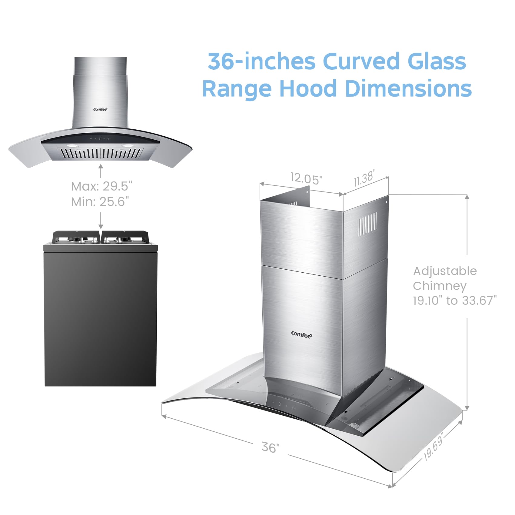 Comfee Curved Glass Range Hood 36 Inch 450 CFM 3 Speed Gesture Sensing &Touch Control Panel Stainless Steel Kitchen Ductless/Ducted Convertible with Baffle Filters and 2 LED Lights (CVG36W9AST)