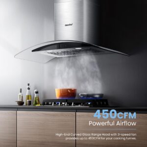 Comfee Curved Glass Range Hood 36 Inch 450 CFM 3 Speed Gesture Sensing &Touch Control Panel Stainless Steel Kitchen Ductless/Ducted Convertible with Baffle Filters and 2 LED Lights (CVG36W9AST)