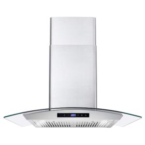 cosmo cos-668as750 30 in. wall mount range hood with 380 cfm, curved glass, ducted convertible ductless (additional filters needed, not included), 3 speeds, permanent filters in stainless steel