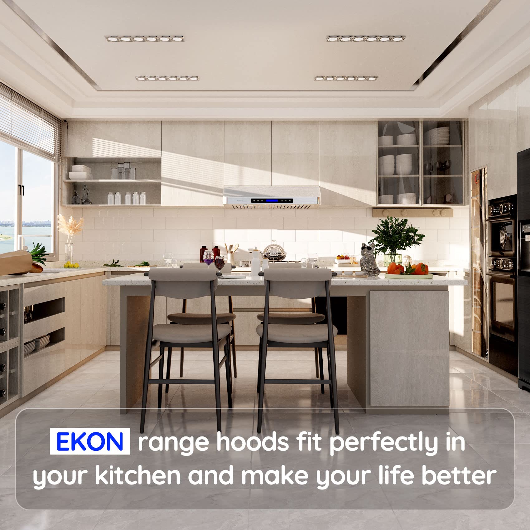 EKON 36 inches Under Cabinet Range Hood, 900 CFM Stainless Steel Kitchen Chimney Vent, 4 Speed Touch Screen Control With Remote 2Pcs 3W LED lights Dishwasher-safe Filters Fan Timer