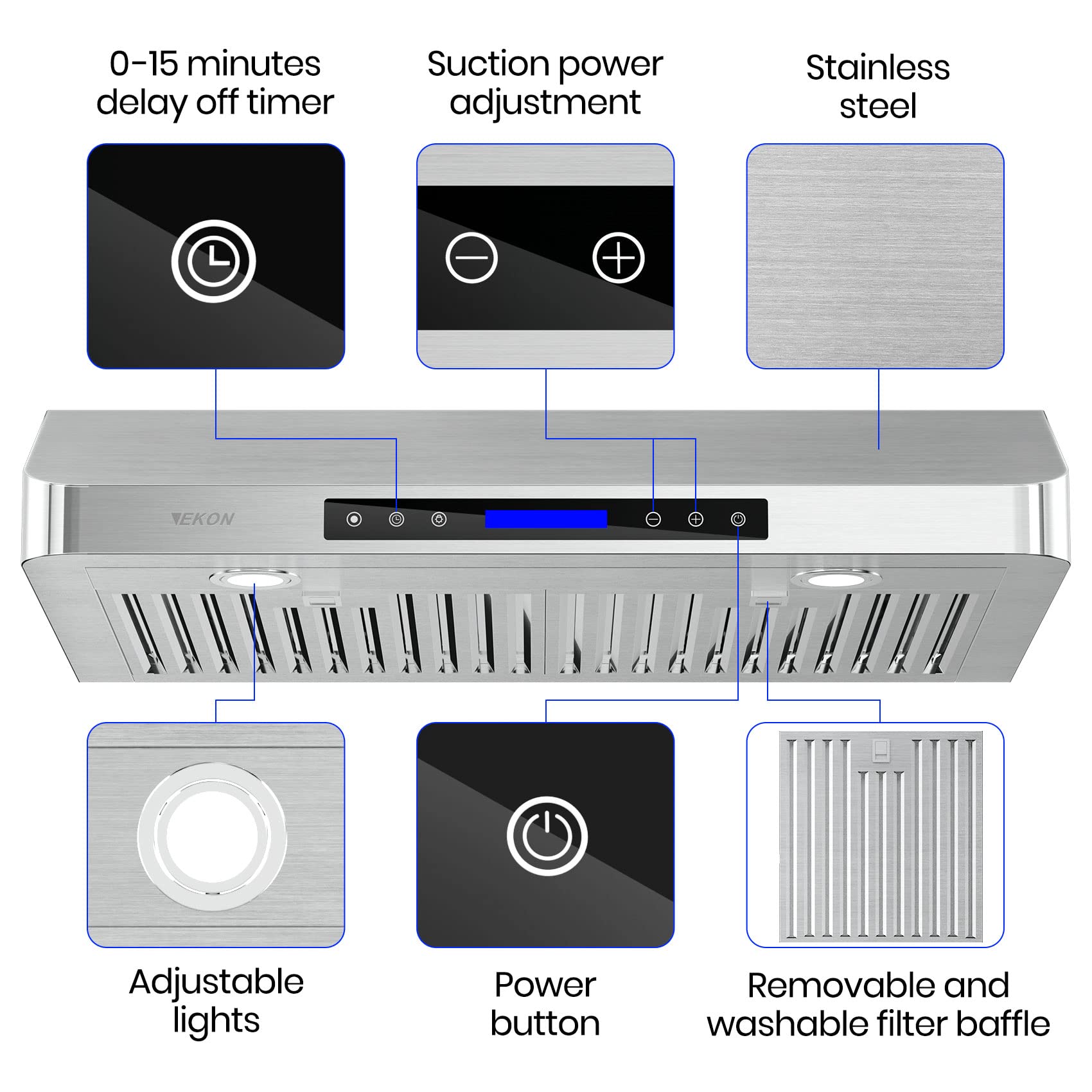 EKON 36 inches Under Cabinet Range Hood, 900 CFM Stainless Steel Kitchen Chimney Vent, 4 Speed Touch Screen Control With Remote 2Pcs 3W LED lights Dishwasher-safe Filters Fan Timer