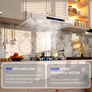 EKON 36 inches Under Cabinet Range Hood, 900 CFM Stainless Steel Kitchen Chimney Vent, 4 Speed Touch Screen Control With Remote 2Pcs 3W LED lights Dishwasher-safe Filters Fan Timer