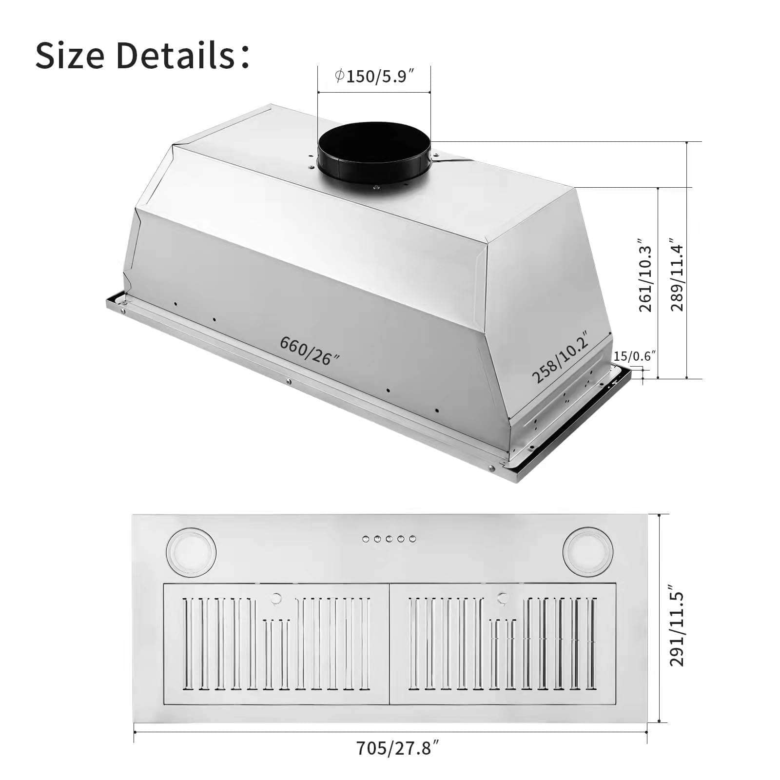 Zomagas Range Hood Insert 30 inch,Stainless Steel Kitchen Vent Hood 600CFM,Built-in Kitchen Stove Hood w/Front Button Controls and Front LED Lights,Baffle Filters,Ducted/ductless Convertible Duct