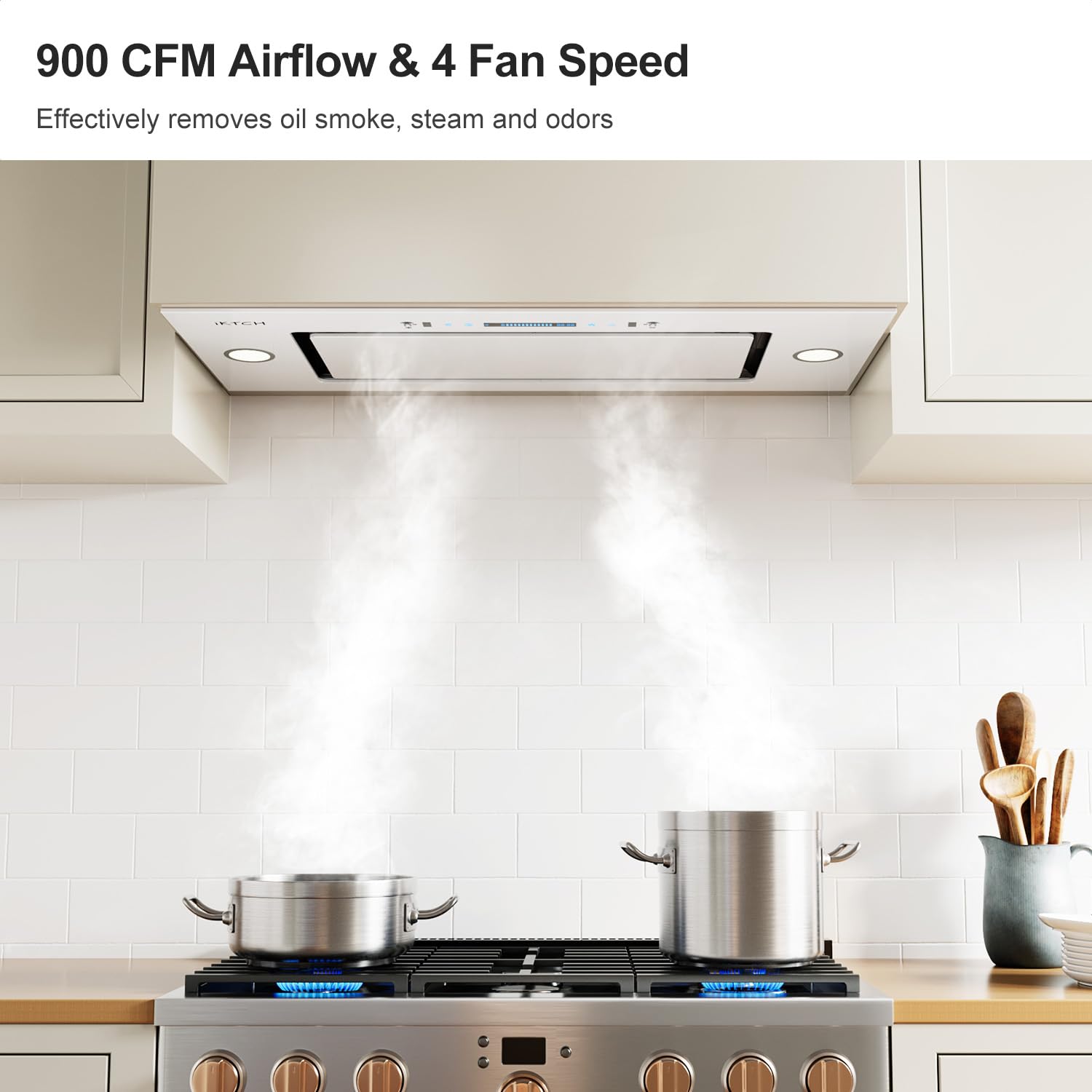 IKTCH New 30" Range Hood Insert, 900 CFM Ducted/Ductless Range Hood with 4 Speed Fan, White Stainless Steel & Tempered Glass Range Hood 30 inch with Gesture Sensing&Touch Control Making life Smarter