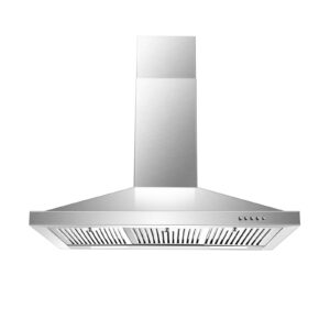 zomagas 36 inch range hood, wall mounted vent hood in stainless steel, ducted/ductless kitchen hood w/push button control, 3 speed exhaust fan, 3 pcs baffle filters, energy saving led light