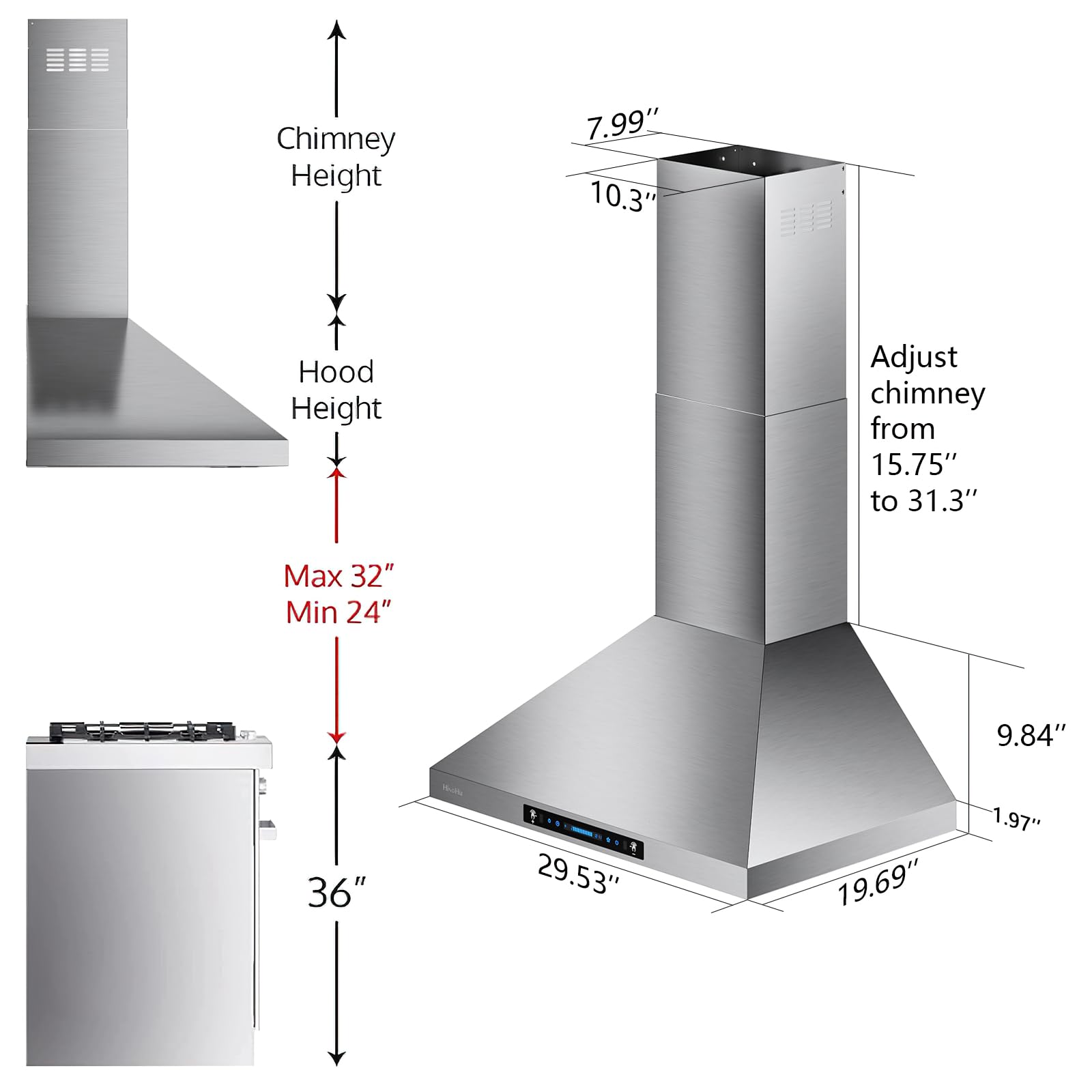 HisoHu Wall Mount Range Hood 30 Inch,Ductless/Ducted Convertible, 780 CFM Kitchen Vent Hood, Aluminum Mesh Filter,4 Speed Gesture Sensing&Touch Control Panel, Stainless Steel Kitchen Vent