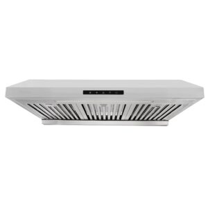 vesta arlington 850 cfm powerful 30 inch under cabinet range hood with premium stainless steel body, twin turbo motors, 3 speed touch screen, delay shutoff, round vent, led lights, long oil collector