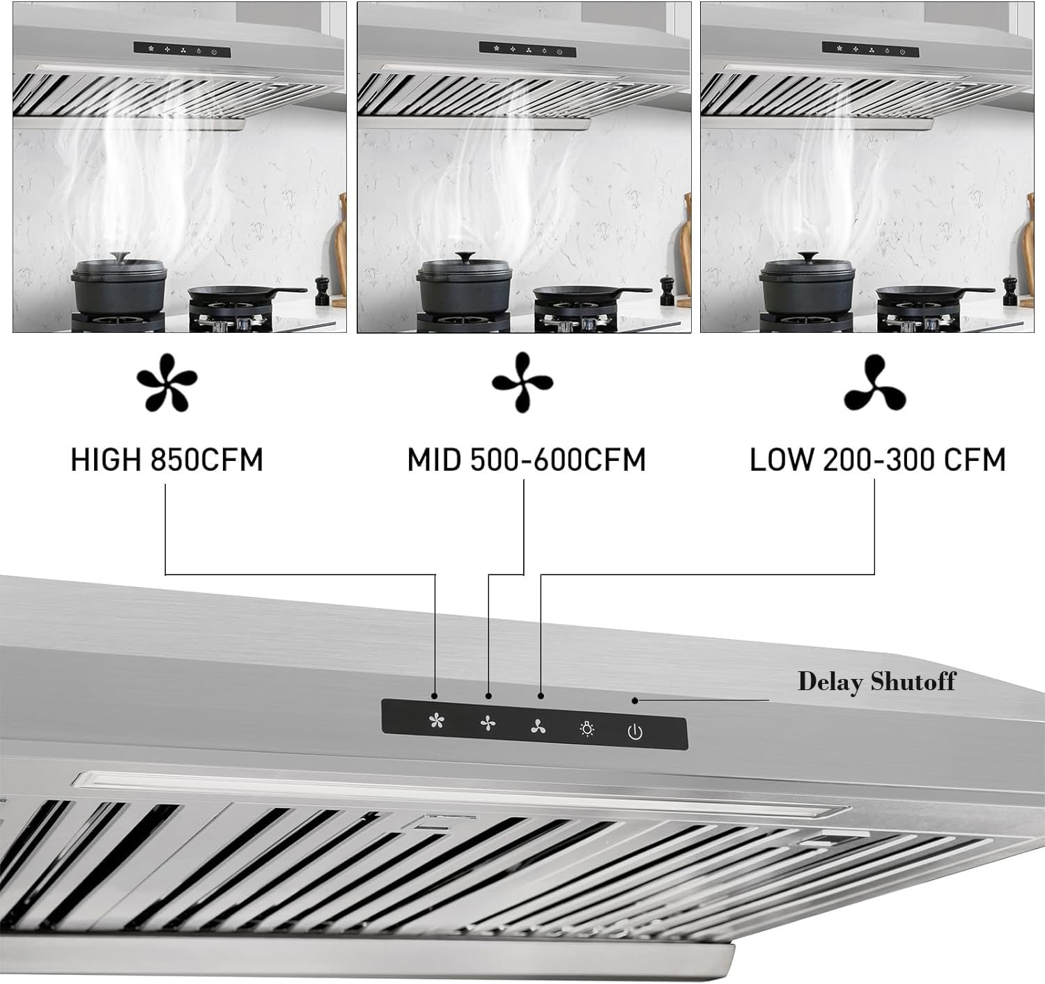 Vesta Arlington 850 CFM Powerful 30 Inch Under Cabinet Range Hood With Premium Stainless Steel Body, Twin Turbo Motors, 3 Speed Touch Screen, Delay Shutoff, Round Vent, LED Lights, Long Oil Collector