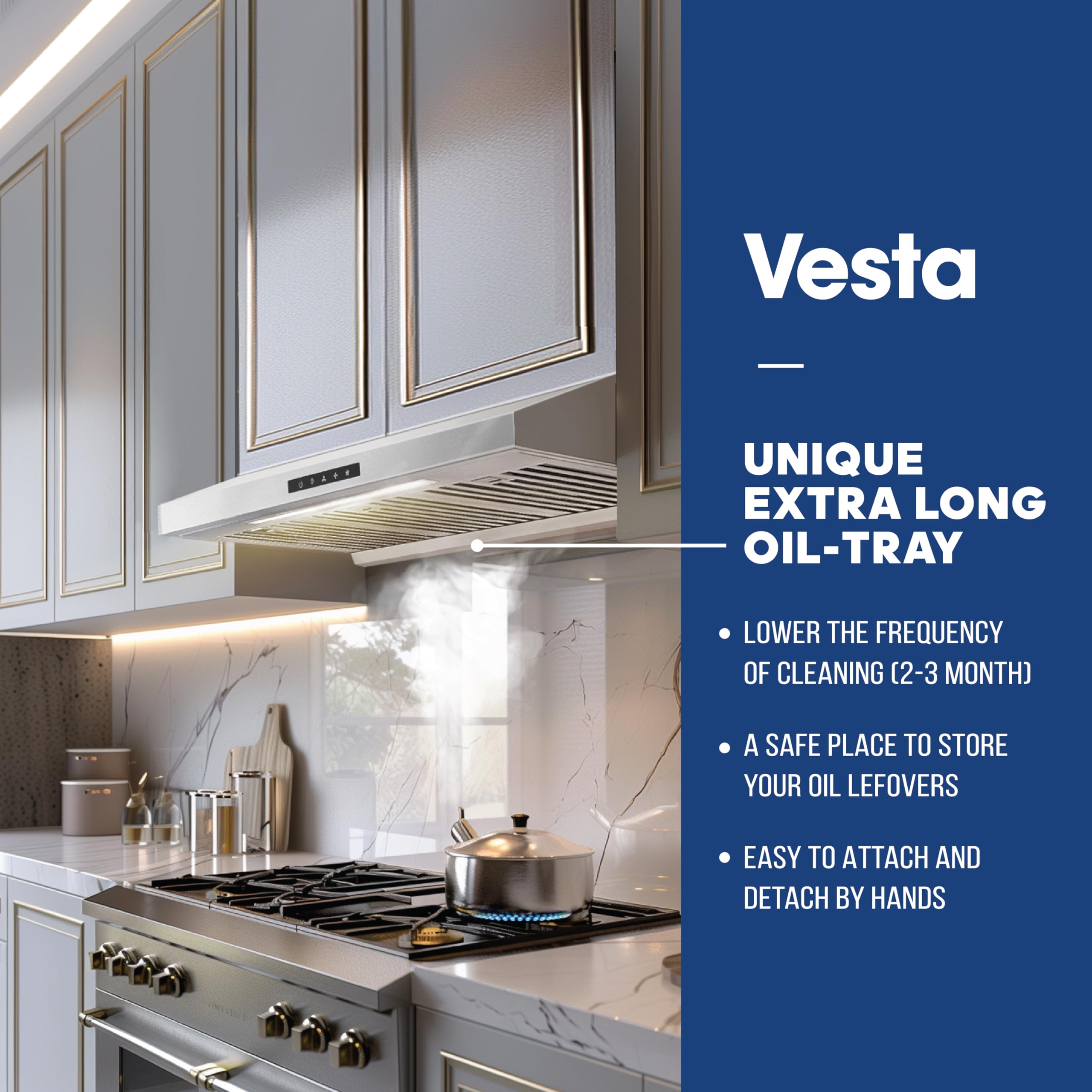 Vesta Arlington 850 CFM Powerful 30 Inch Under Cabinet Range Hood With Premium Stainless Steel Body, Twin Turbo Motors, 3 Speed Touch Screen, Delay Shutoff, Round Vent, LED Lights, Long Oil Collector