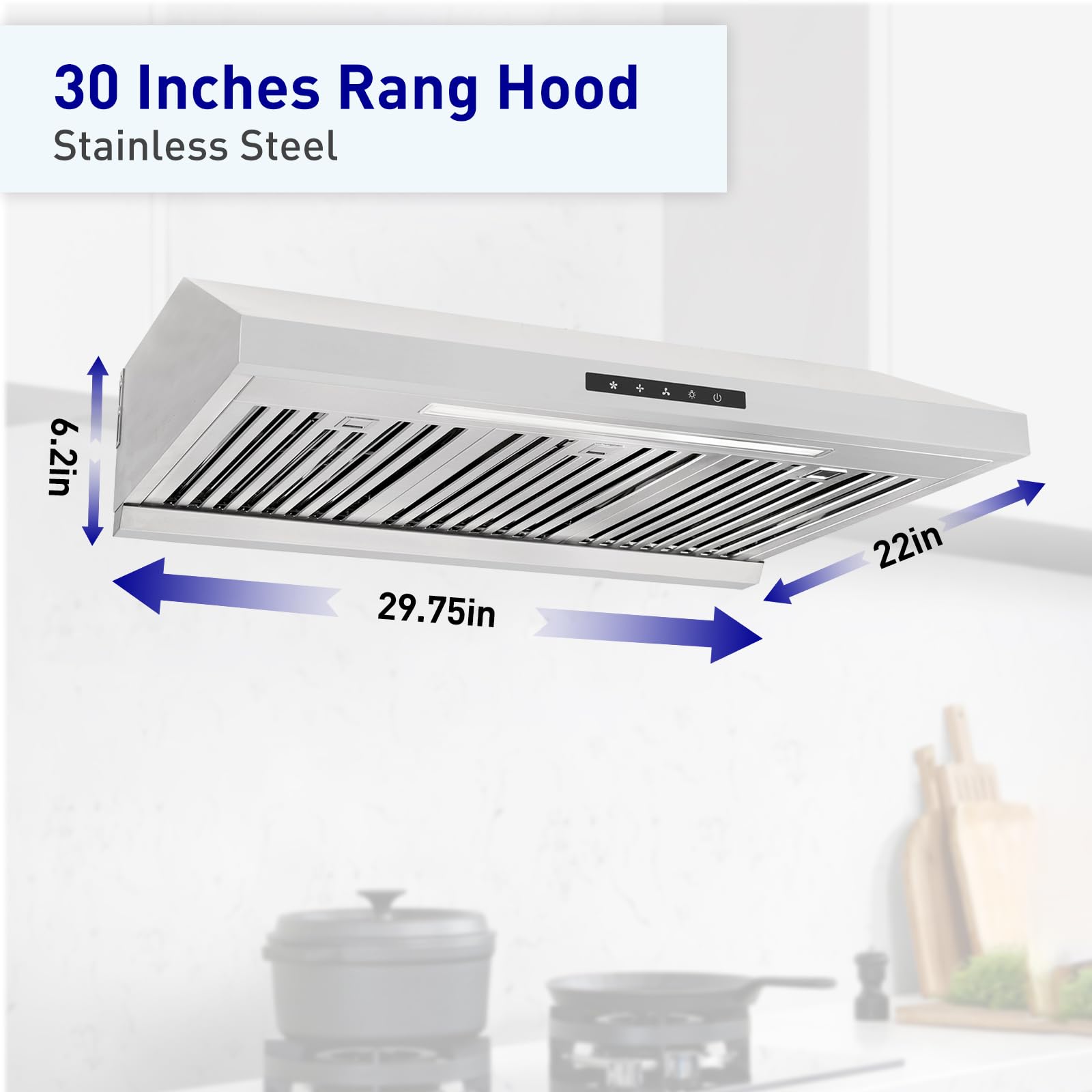 Vesta Arlington 850 CFM Powerful 30 Inch Under Cabinet Range Hood With Premium Stainless Steel Body, Twin Turbo Motors, 3 Speed Touch Screen, Delay Shutoff, Round Vent, LED Lights, Long Oil Collector