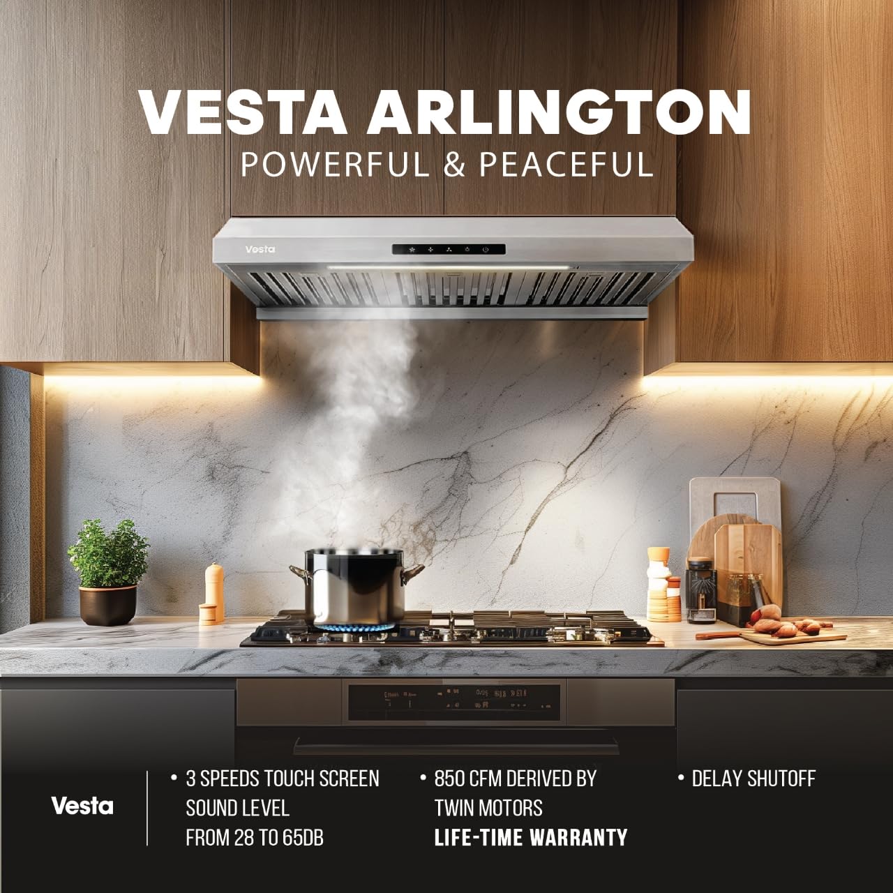 Vesta Arlington 850 CFM Powerful 30 Inch Under Cabinet Range Hood With Premium Stainless Steel Body, Twin Turbo Motors, 3 Speed Touch Screen, Delay Shutoff, Round Vent, LED Lights, Long Oil Collector