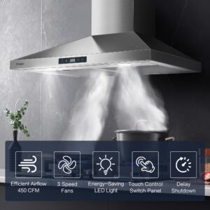 Range Hood 30 inch Stainless Steel, Wall Mount Stove Hood Ducted/Ductless Convertible with 3 Speed Kitchen Vent Hood, Touch Control, Energy-saving LED Lights, 5-Layer Aluminum Filters