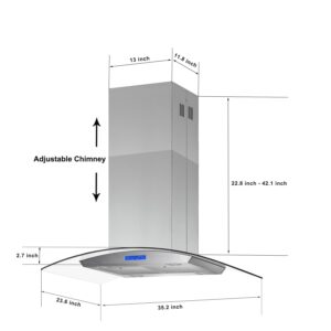 Tieasy Island Range Hood 36 inch 700 CFM Ceiling Mount Kitchen Stove Hood Ducted with Tempered Glass 4 LED Lights Touch Control 3 Speed Fan Permanent Filters