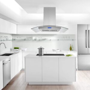 Tieasy Island Range Hood 36 inch 700 CFM Ceiling Mount Kitchen Stove Hood Ducted with Tempered Glass 4 LED Lights Touch Control 3 Speed Fan Permanent Filters